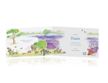 Getekend geboortekaartje jongen natuur, heide met dieren