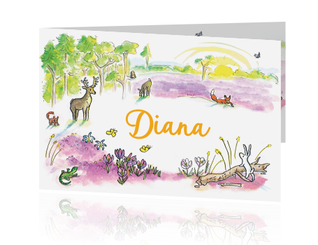 Lief getekend geboortekaartje met heide en dieren vos en hertje